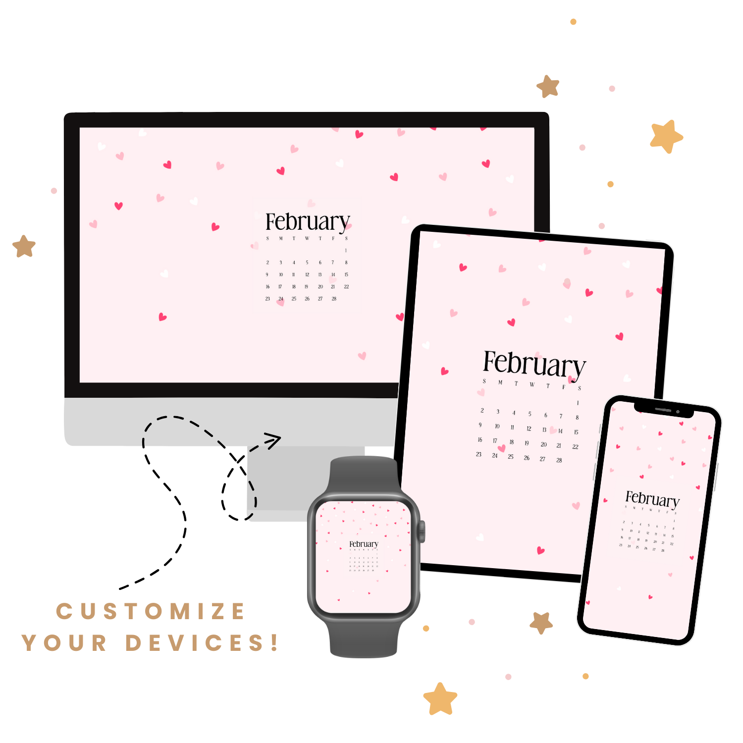 Scattered Hearts February Calendar Wallpaper – Paper Hearts Planner Co.